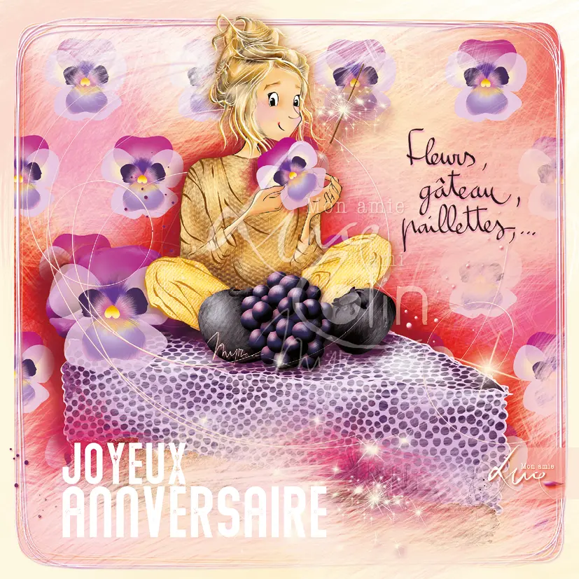 CS 1237 - Carte Mon Amie Luce "Fleurs, gâteau, paillettes, joyeux ...
